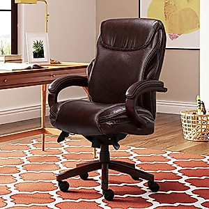 La-Z-Boy Hyland Executive Office Chair with AIR Technology, Adjustable High Back Ergonomic Lumbar Support, Mahogany Wood Finish, Bonded Leather, Brown