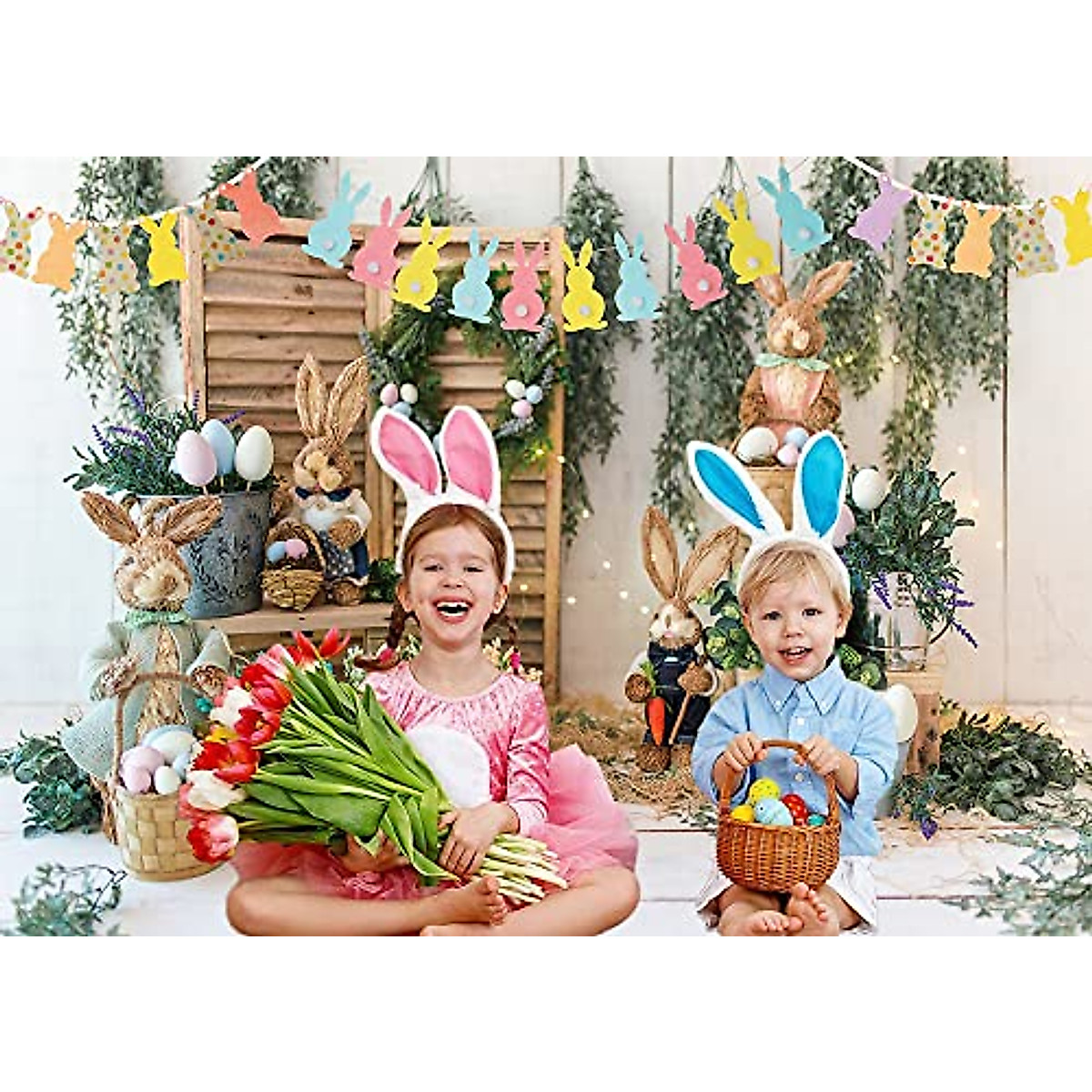 Easter Photography Backdrop Egg Bunny Garden Flower Decoration Photo Background Birthday Party Supplies Newborn Baby Portrait Booth Props 7x5FT