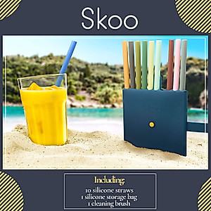 Skoo - Set of 10 Silicone Drinking Reusable Straws + Silicone Case Holder + Cleaning Brush - Jumbo Smoothies and Cocktails - Large and Thick Boba Straws Set Extra Wide - 10 inch Straight Long 0.4 Dia