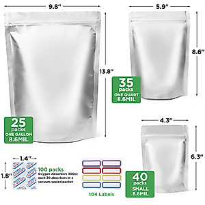 Food Container Storage Mylar Bags, 100 Pcs with Oxygen Absorbers and Labels, Resealable Ziplock Bags for Heat Sealable, 3 Sizes (Gallon, Quart, Small), Thick 8.6 Mil