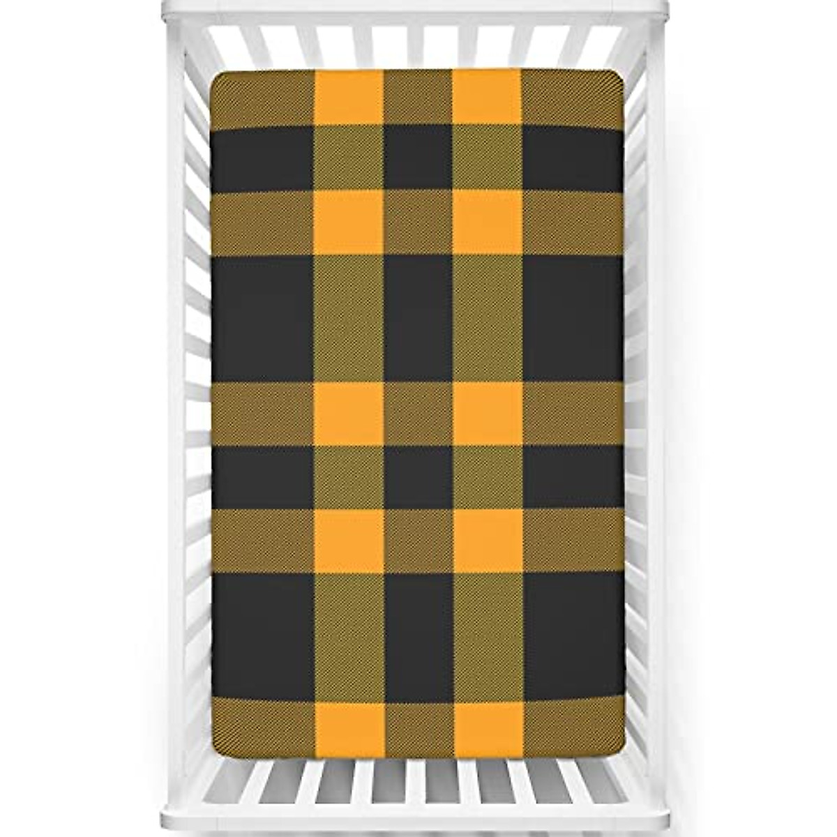 Plaid Themed Fitted Crib Sheet,Standard Crib Mattress Fitted Sheet Soft Toddler Mattress Sheet Fitted-Crib Mattress Sheet or Toddler Bed Sheet,28“ x52“,Black and Orange
