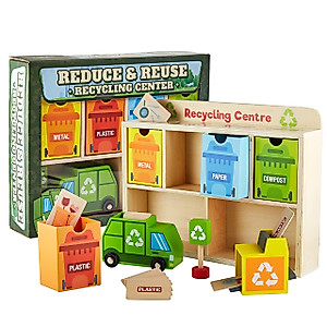 Reduce & Reuse Recycling Center Playset | Wooden Green Garbage Truck Toy, Sorting Bins, and Accessories | Safe, Natural Materials For Environmental Learning, Fine Motor Skills, and Play | 24 Pieces