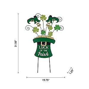 Glitzhome 31.5"H St. Patrick's Leprechaun Belt Yard Signs with Stakes, Wooden Door Wall Hanging Decor Interchangeable for Home Party Yard Lawn Patio Outdoor