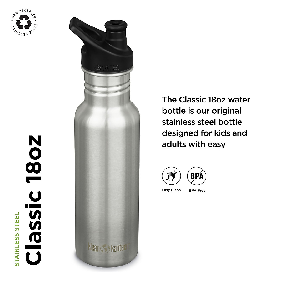 Klean Kanteen Classic Narrow Sport Cap Brushed Stainless Bottle 532Ml, 1 EA