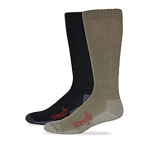 Wrangler Premier Collection Mens Western over the calf Merino Wool All Season Boot Socks 2 Pair (Black/Tan, Large)