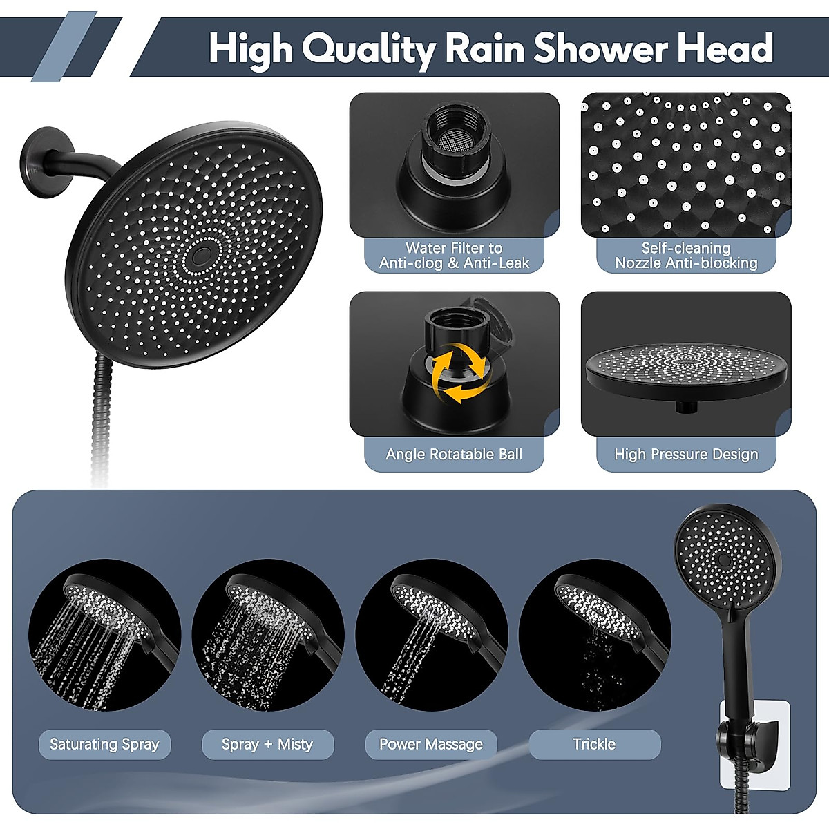 Lanhado 8.5'' Matte Black Shower With Handheld Spray, High Pressure Rainfall Head and Anti-Leak Holder, 4 Settings, Waterfall Upgrade
