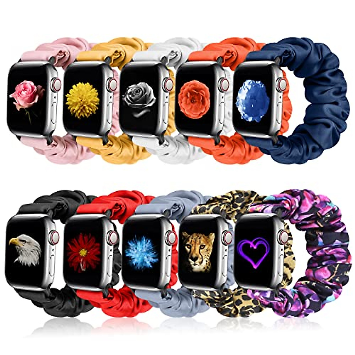 Fimpressiont 10 Packs Compatible with Apple Watch Bands Scrunchies 38mm 40mm 41mm 42 mm 44mm 45mm Women Girls Cute Cloth Pattern Printed Fabric Wristbands Straps Band for iWatch Series 8/7/6/5/4/3/2/SE