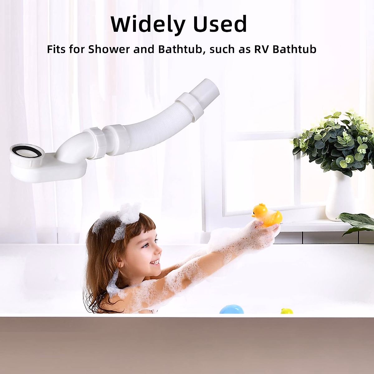 Flexible Freestanding Tub Drain Kit - Low Profile Flat P Trap for Bathtub Shower Drain Pipe - 1 1/2 inch Diameter