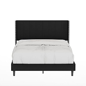 Queen Size Velvet Upholstered Platform Bed Frame with Vertical Channel Tufted Headboard, Soft Velvet Platform Bed with Solid Wood Slat Support for Bedroom Boys Girls Adults Teens, Noise Free, Black
