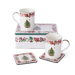 Spode Christmas Tree 2023 Annual 5 Piece Mug and Coaster Set with Tin Gift Box - Festive Holiday Gift Set for Coffee and Tea - Porcelain Mugs and Cork-Backed Coasters - Dishwasher Safe