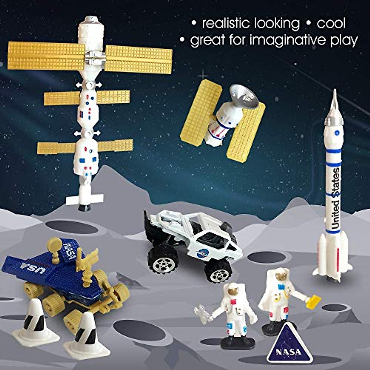 ArtCreativity 10 Pc Space Explorer Toy Kit, Pretend Play Set with Astronaut Figurines, Robotic Exploration Truck, Diecast Metal Vehicle, NASA Sign and More, Best Gift for Exploring Boys and Girls