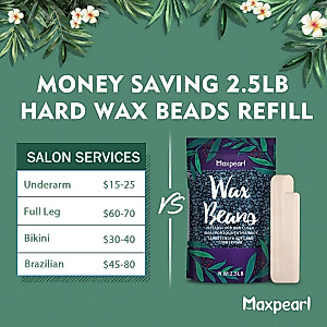 Maxpearl Wax Beads for Hair Removal, 2.5lb Hard Wax Beans Refill Bag for Brazilian Bikini, Face, Eyebrows, Underarms, Arms, Chest, Back, Legs, Coarse Body Hair Specific