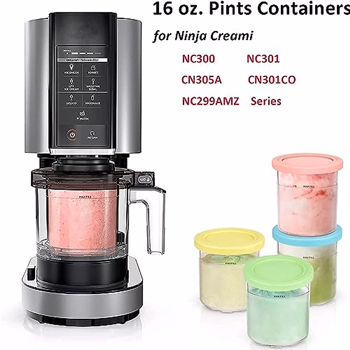EVANEM 2/4/6PCS Creami Containers, for Ninja Creami Ice Cream Maker Pints,16 OZ Pint Ice Cream Containers Airtight,Reusable for NC301 NC300 NC299AM Series Ice Cream Maker,Gray-4PCS