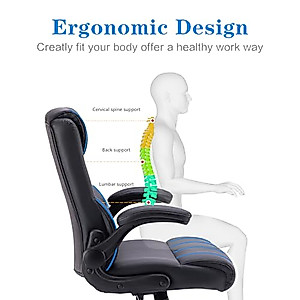 NEWBULIG Ergonomic PU Leather Desk Mid Back Computer Flip Up Armrests Height Adjustable Executive Office Lumbar Support Swivel Task Chair, 20" D x 20" W x 43" H, Black