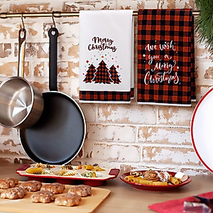 Patelai 4 Pcs Christmas Kitchen Towels Buffalo Plaid Dish Hand Towels 24 x 16 Inch Absorbent Winter Snowman Tea Towels Housewarming Gifts Kitchen Bathroom Christmas Decoration(Red Black,Tree)