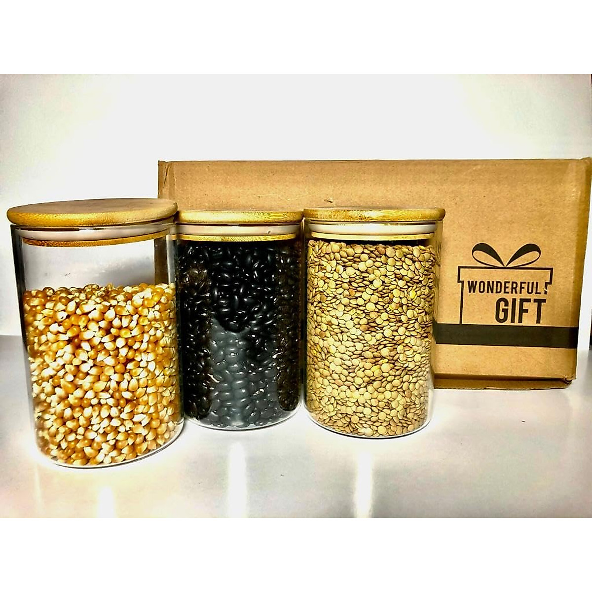 Glass Food Storage Containers Jar Seal Bamboo Lids, Stackable 30oz Set of 3, Pantry Storage Jar for Flour rice Cereal Sugar Tea Coffee Beans Snacks