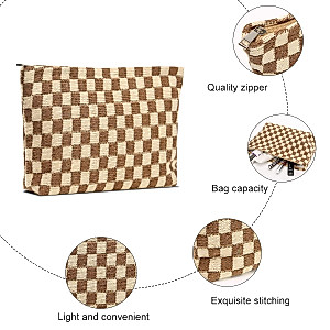 Aoekaff Cosmetic Bags for Women,Large Y2K Makeup Bags for Travel Aesthetic Knitted Purses Checkered Toiletry Bag Makeup Organizer Storage For Women Gift (Khaki)