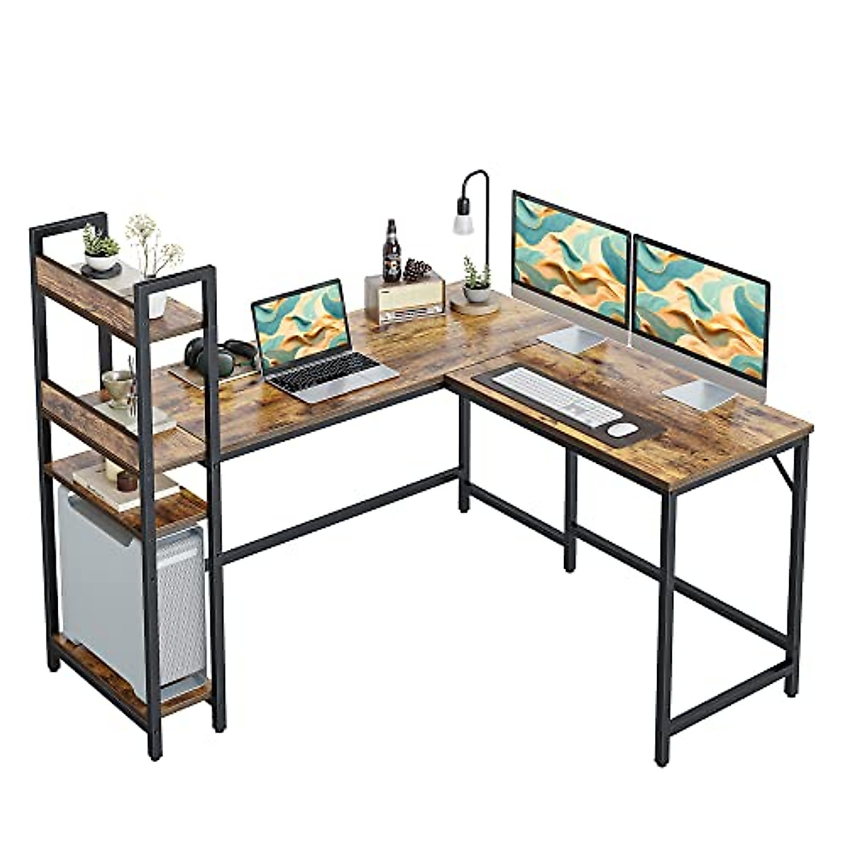 CubiCubi L Shaped Desk with Storage Shelves, Computer Corner Desk for Home Office, Writing Gaming Study Desk Table with Bookshelf, Space Saving, Brown