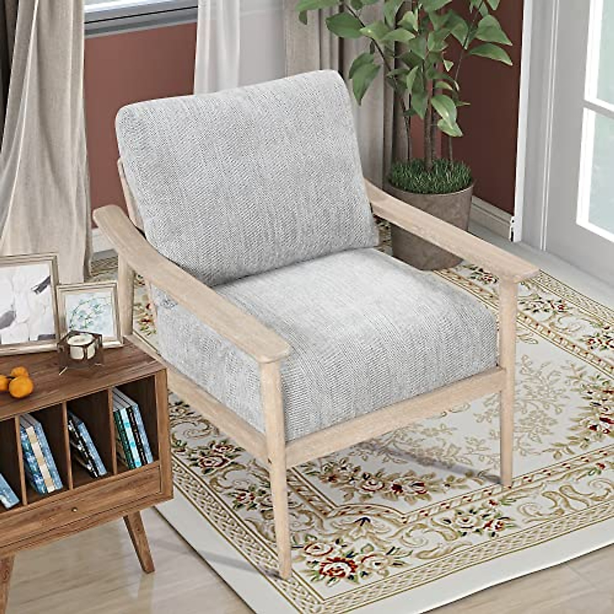 FIQHOME Mid Century Modern Solid Wood Frame,Arm Vertical Slatted Back,Thick Pad Upholstered Accent Chair for Living Room, Bedroom, Belcony,Natural
