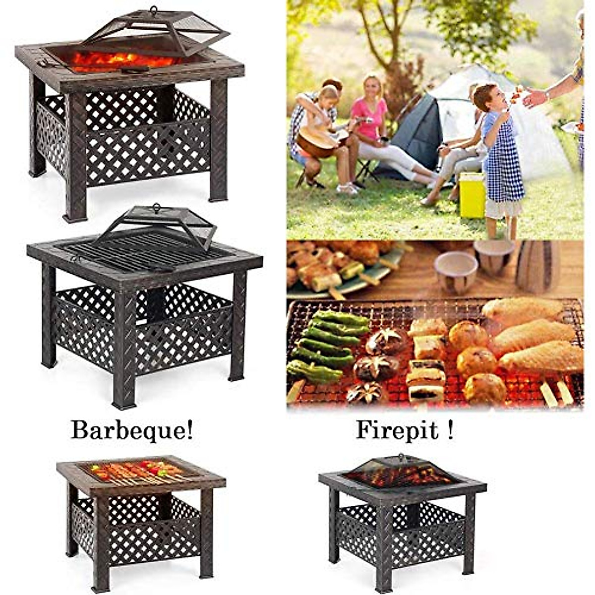 LEAYAN Garden Fire Pit Grill Bowl Grill Barbecue Rack Outdoor Fire Pit with BBQ Grill Shelf Metal Garden Fireplace Patio Firepit Stove Brazier Outdoor Fireplace BBQ Grill Poker,Outdoor Fire Pits