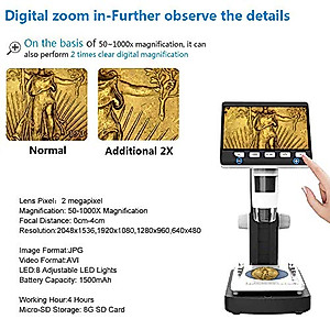 LCD Digital Microscope, YINAMA 4.3 Inch 50X-1000X Magnification 1080P Compound Handheld Microscopes Camera with Rechargeable Battery Mini Hdmi Port 8 LED Lights Slides