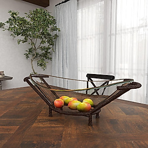 Deco 79 Tempered Glass Kitchen Serving Bowl with Brown Metal Base, 26" x 10" x 9", Clear