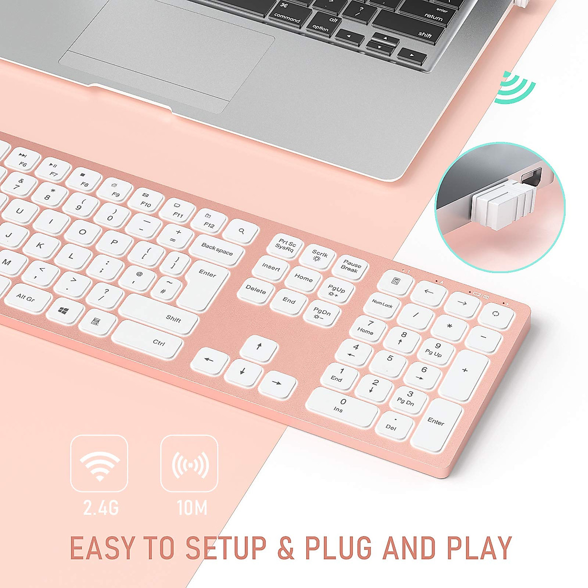 seenda Backlit Wireless Keyboard, 2.4GHz Ultra Slim Rechargeable Keyboard, Illuminated Wireless Keyboard for Computer, Laptop, Desktop, PC, Surface, Smart TV, Windows 10/8/7 (Rose Gold)