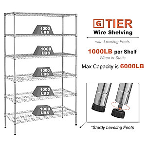 YYkokocat Heavy Duty 6 Tier Shelving Unit Adjustable 6000Lbs Capacity Steel Storage Rack 18" x 48 x 76 Mobile Shelves Wire Shelf Silver Rolling Utility Cart for Pantry Garage Kitchen, Chrome