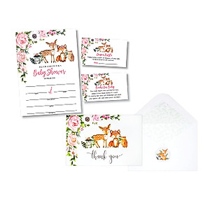 All Ewired Up 25 Girl Woodlands Floral Greenery Baby Shower Invitations (Large Size 5X7 inches) and 50 Pack Watercolor Girl Woodland Greenery Thank You Cards