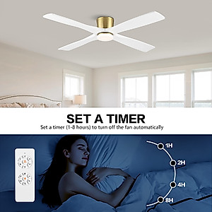 WINGBO 60 Inch Flush Mount DC Ceiling Fan with Lights and Remote, 4 Reversible Carved Wood Blades, 6-Speed Noiseless DC Motor, Hugger Ceiling Fan in Brass Finish with White Blades, ETL Listed
