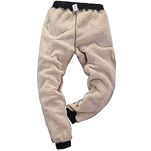 Yeokou Men's Casual Warm Sherpa Lined Elastic Waist Pant Trousers Joggers (Small, Black-Ribbed Cuff)