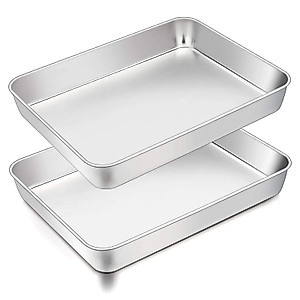 TeamFar Lasagna Pan, 12⅖’’ x 9¾’’ x 2’’, Stainless Steel Rectangular Casserole Cake Baking Brownie Pan, Non-toxic & Sturdy, Brushed Surface & Deep Side, Dishwasher Safe, 2PCS