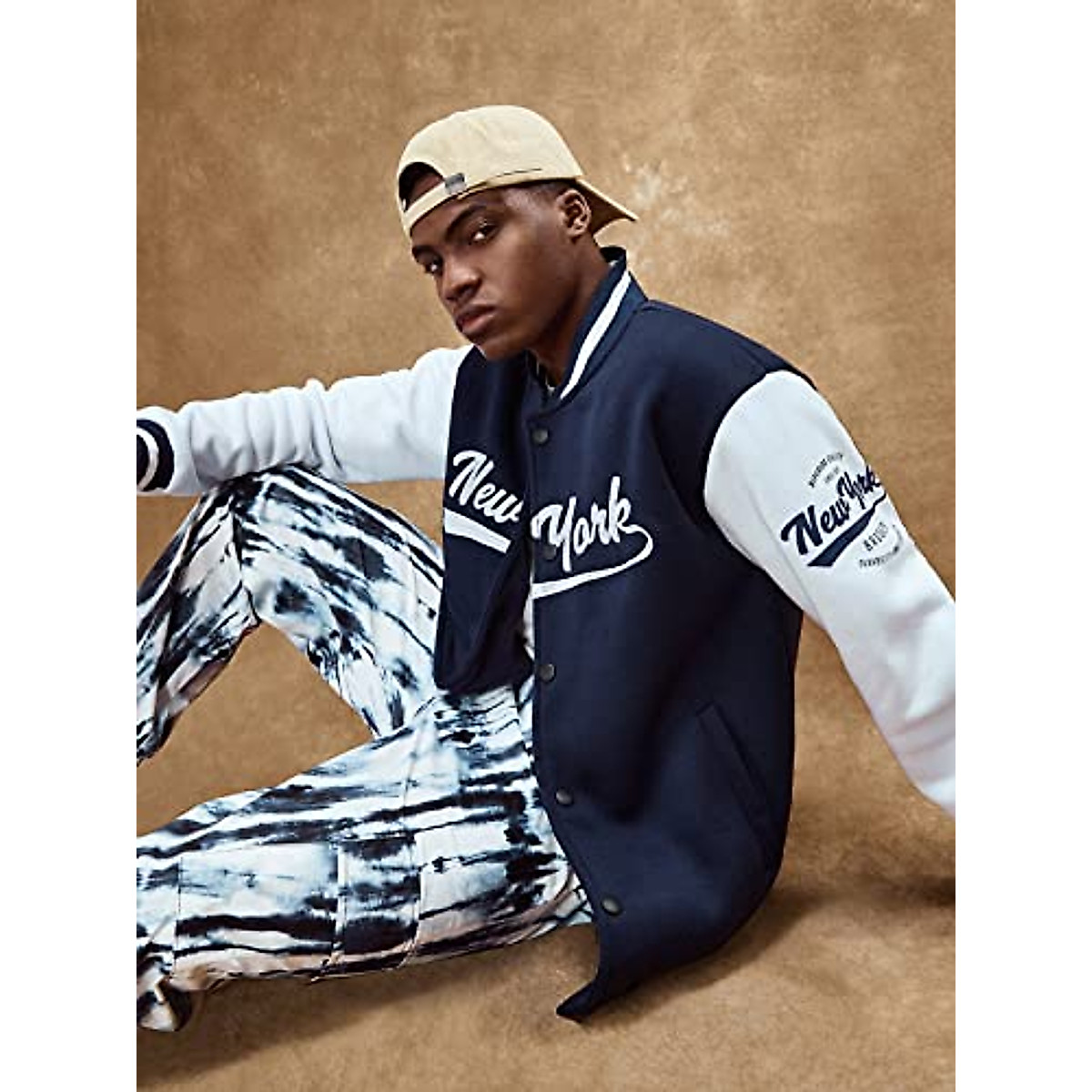 Floerns Men's Letter Graphic Print Long Sleeve Color Block Baseball Jacket Blue and White M