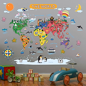 Removable Cartoon Animals World Map Wall Decals Large Educational Animal Landmarks World Map Peel & Stick Wall Sticker Decor for Kids Bedroom Living Room Classroom Nursery Home Walls (L 36"x45")