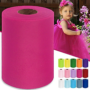 Fuchsia Tulle Fabric Roll 6 Inch by 100 Yards (300 feet) Sheer Tulle Ribbon for Halloween Party Decorations Tutu Gift Wrapping Valentine's Day Table Skirt Wedding DIY Crafts