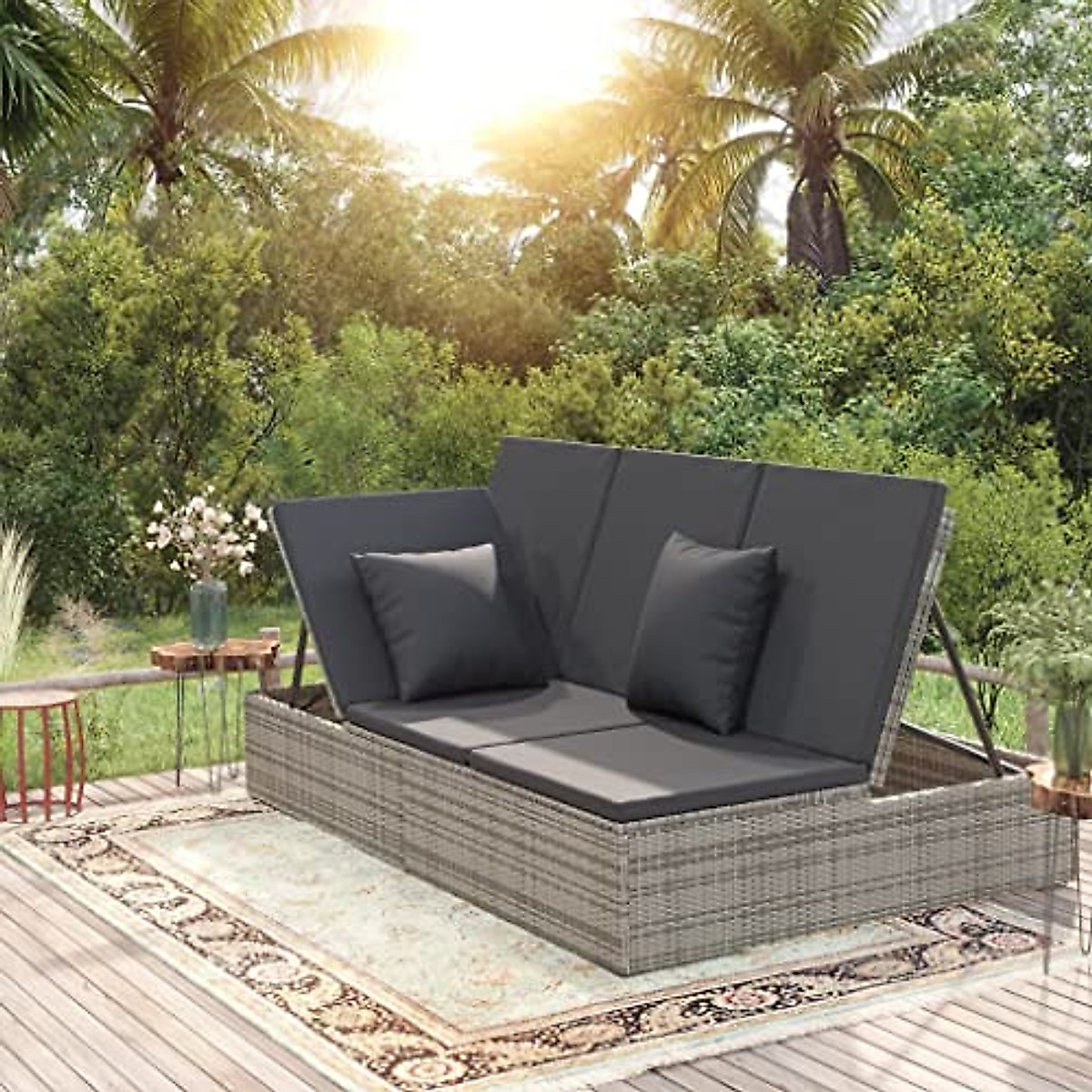 Makastle 2-Person Patio Lounge Chair, Outdoor PE Rattan Adjustable Double Daybed Chaise with Pillow & Cushions, Loveseat Sofa for Garden Lawn Backyard, 78.7"x47.6"x12.2" Poly Rattan Dark Gray