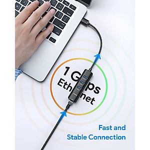 USB to Ethernet Adapter, ABLEWE 3 Ports USB 3.0 Hub with RJ45 1Gbps Gigabit Ethernet Adapter, for MacBook Air 2017, iMac, XPS, Surface Pro, Linux, Chromebook, Notebook and More - Black