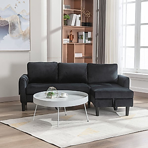 PEIHONGET Sleeper Sectional Sofa, 72.44" Velvet L-Shape 3 Seat with Pull Out Bed, Sectional Sofa Couch with Storage Chaise Living Room Bedroom Apartment(Black)