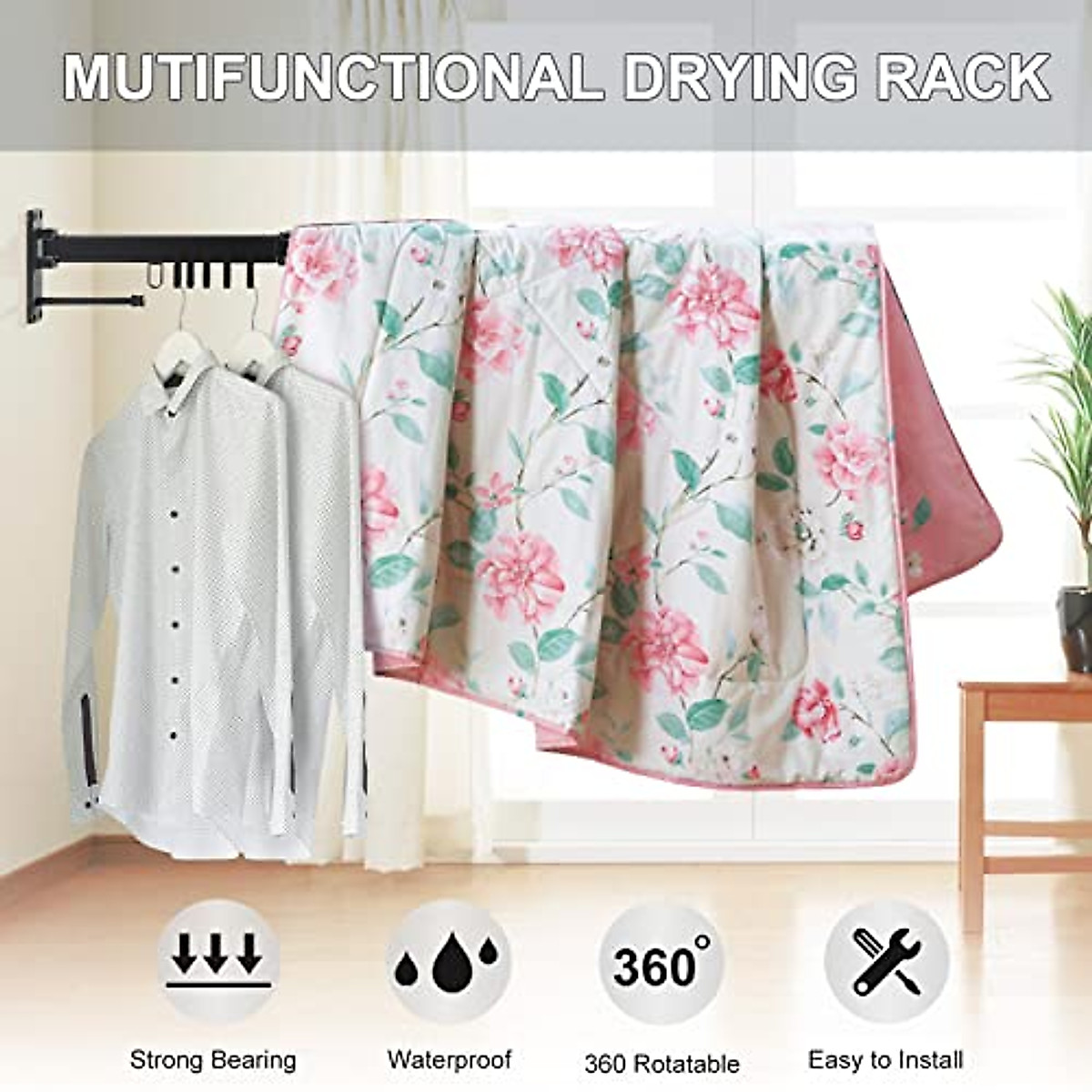 SUTINE Wall Mounted Clothes Drying Rack Folding Indoor, Collapsible Laundry Drying Rack Space-Saver, Heavy Duty Drying Rack Clothing with Hanger Storage Bar for Balcony, Bathroom, Bedroom
