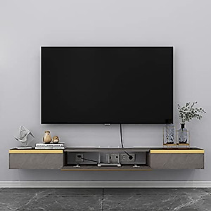 Pmnianhua Floating TV Shelf, 59'' Wall Mounted Wood Floating TV Console Entertainment Media Shelf TV Wall Unit with 2 Drawers and 1 Large Door (59.05 in, Dark Gray)