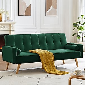 Anwickmak Blue Velvet Couch, Small Sleeper Sofa Love Seat Includes 2 Pillows, 58" Tufted Loveseat Sofa, 4 Golden Metal Legs, Mid Century Modern Sofas for Living Room and Bedroom (Beige)