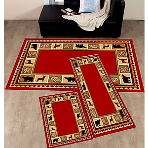 Furnish my Place 631 Red 3 PCS Wildlife Bear Rustic Moose Decor Lodge Cabin Area Rug, Elegant and Durable Mat, Red