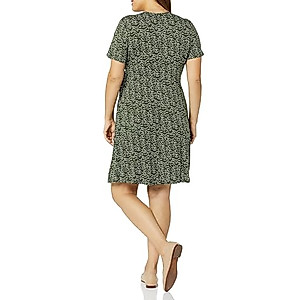 Amazon Essentials Women's Short Sleeve Faux-Wrap Dress, Olive Dots, Large