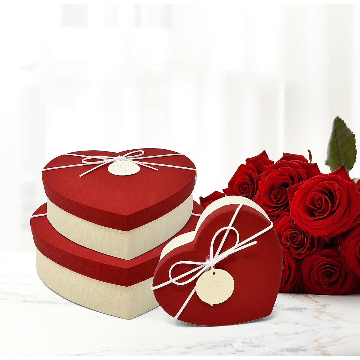 Valentine's Day Heart Shaped Gift Boxes 3 Pack Red and Off White Valentine Hearts Treat Box with Lids & Ribbon Bow Valentines Nesting Cookie Box for Gift Giving Holiday Decorative Present Wrapping
