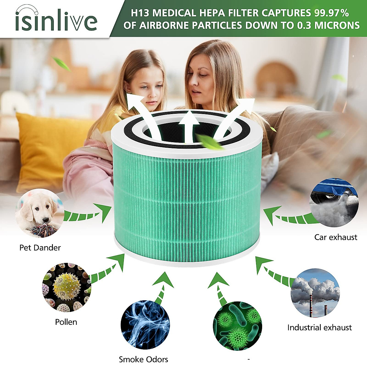 Core 300 Toxin Absorber Replacement Filter for LEVOIT Core 300 Core300-P Core 300S Core 300S-P VortexAir Air Purifier, 3-in-1 HEPA and Activated Carbon, Core 300-RF-TX, 2 Pack, Green