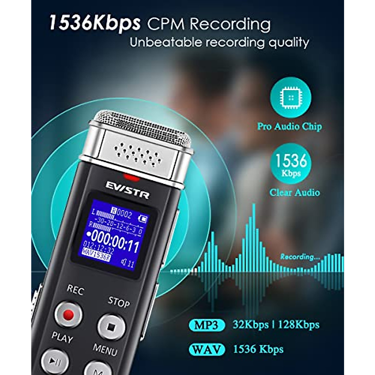 EVISTR 32GB Digital Voice Recorder Voice Activated Recorder with Playback - Upgraded Tape Recorder for Lectures, Meetings, Interviews, Audio Recorder USB Charge, MP3