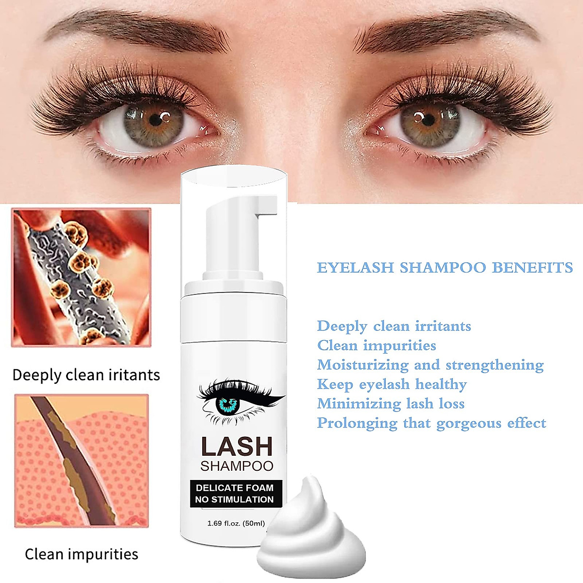 Shmian Lash Shampoo for Lash Extensions, 50ml Eyelash Foam Cleanser and 50 Pcs Eyelash Brush and Rinse Bottle Mini Fan Oil Free/Sulfate Free Eyelash Wash Remover For Eyelash Extension Makeup Removel