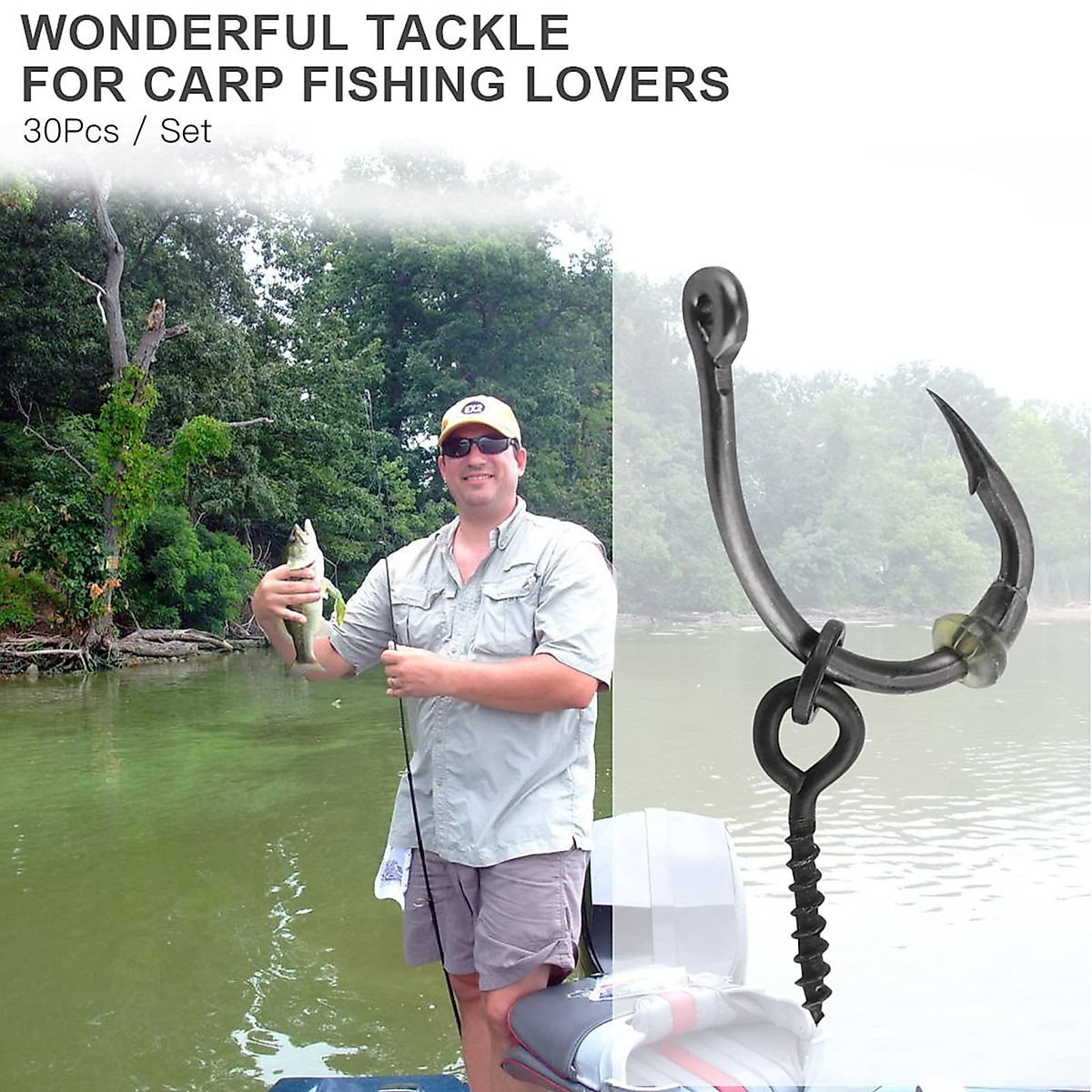 Fishing Hooks Set, 30Pcs/Set Carp Fishing Ronnie Rig Hook,Bait Stoppers,Bait Screws Terminal Tackle, Fishing Accessories Kit, Saltwater Freshwater Fishing Gear