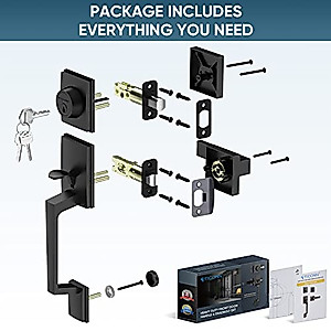 TICONN Front Door Handle Set, Heavy Duty Square Door Lever & Single Cylinder Deadbolt Combo Reversible for Entrance Exterior Doors (Matte Black)