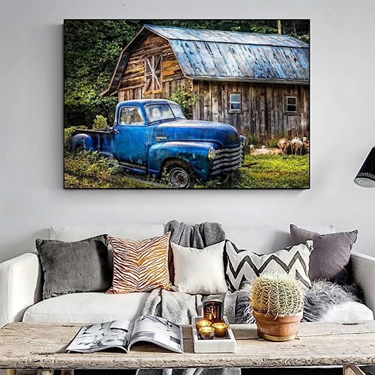 Stamped Cross Stitch Kits for Adults Beginners Farmhouse Blue Car Truck Pattern 11CT Pre-Printed Fabric Embroidery Arts and Crafts Kit Needlepoint Starter DIY Wall Decor, 24 x 32 inch